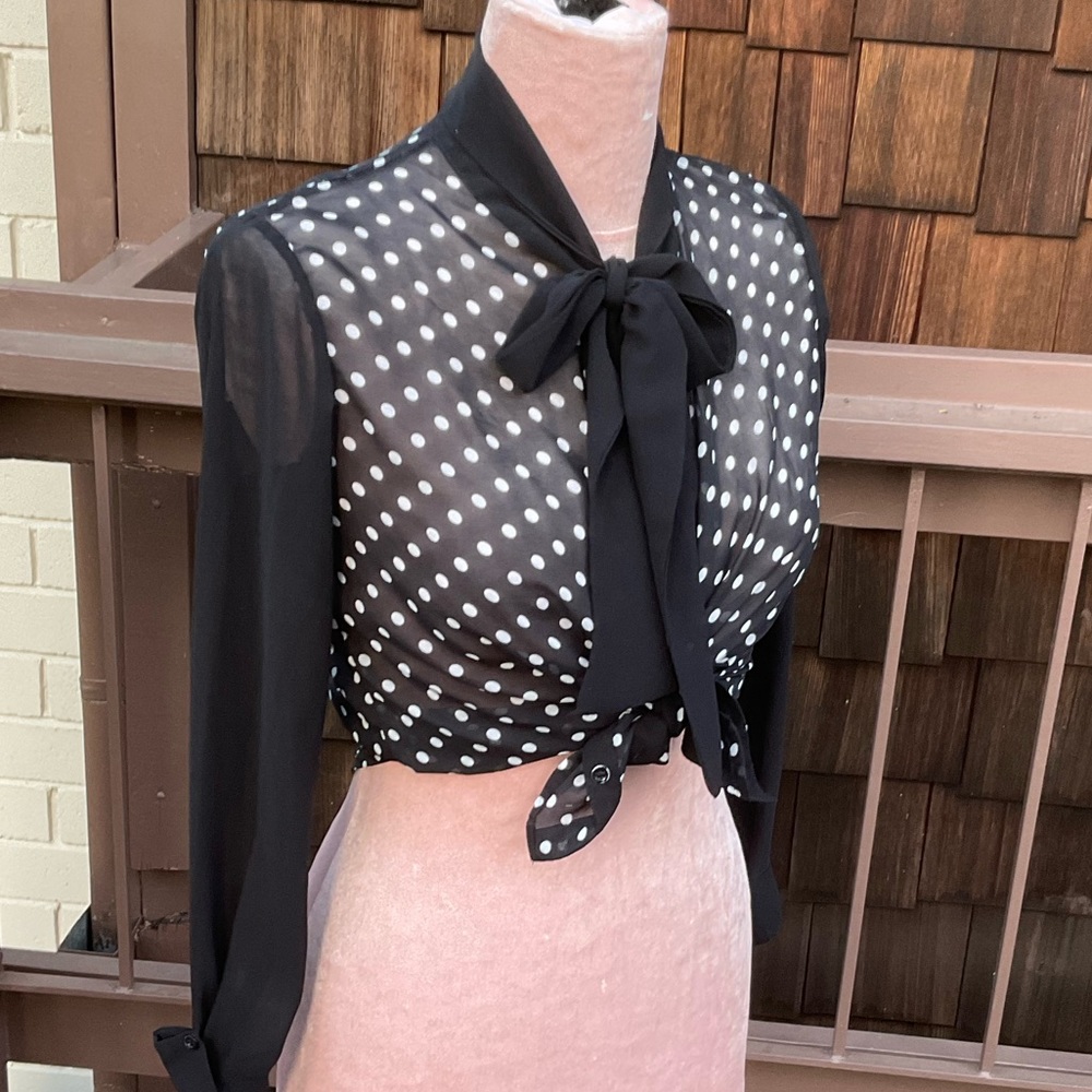 Black & White Semi Sheer Tie Neck, Polkadot Longsleev… - Gem